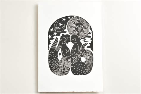 Sapphic Seas Linocut Print Lesbian Mermaid Lovers Art Etsy