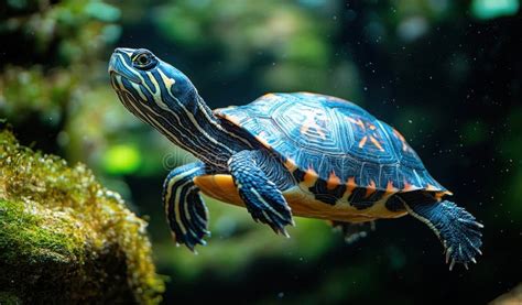 A Diamondback Terrapin Swimming Gracefully In Its Aquarium Habitat Near