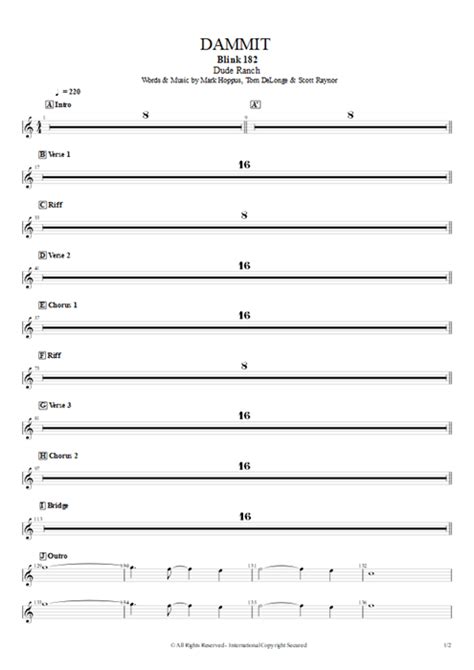 Dammit Tab By Blink 182 Guitar Pro Full Score Mysongbook