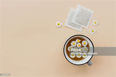 세라믹 머그잔 베이지 색 배경에 꽃이 있는 카모마일 티 백 디자인을 위한 카피 스페이스가 있는 상단 보기 한방 의학 개념 템플릿