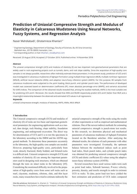 Pdf Prediction Of Uniaxial Compressive Strength And Modulus Of Elasticity In Calcareous