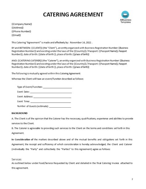 Sample Catering Contract Template