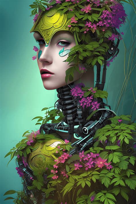 Beautiful Female Robot Covered By Plants · Creative Fabrica