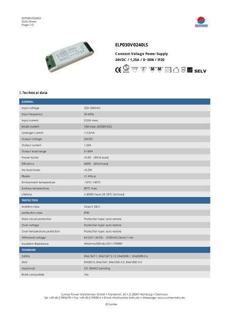 Data Sheet Sunrise Power Transformers Gmbh