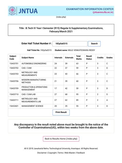 Welcome To Jntua Official Results Portal Pdf