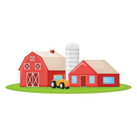 Country House With Red Barn Farmer Tractor And Granary Building On