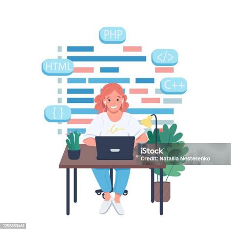 Perempuan Programmer Warna Datar Vektor Karakter Rinci Ilustrasi Stok