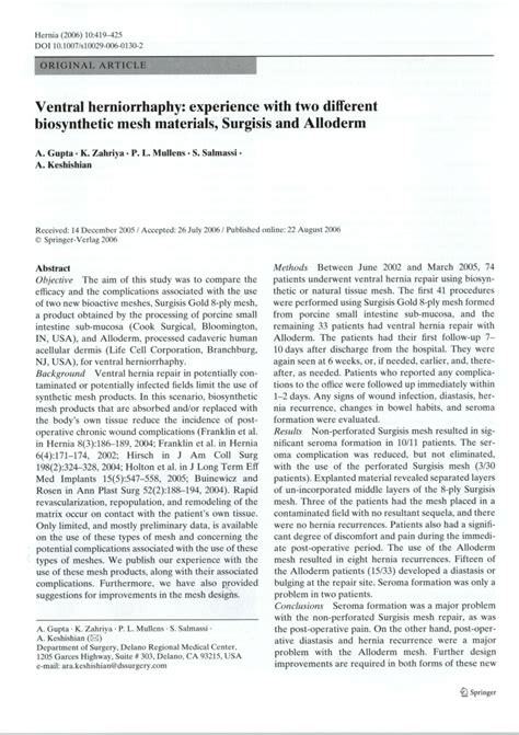 Pdf Ventral Herniorrhaphy Experience With Two Different Biosynthetic