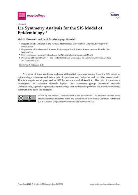 Pdf Lie Symmetry Analysis For The Sis Model Of Epidemiology