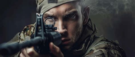 a soldier aiming down the sights of a rifle focused intently on his target in a hazefilled