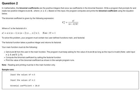Solved Question 2 In Mathematics The Binomial Coefficients
