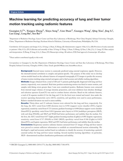 Pdf Machine Learning For Predicting Accuracy Of Lung And Liver Tumor Motion Tracking Using