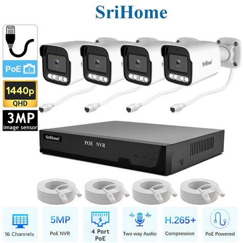 3mp Srihome Poe Nvr Cctv System 4 Port Poe Nvr 4× Poe Cameras 3mp 20m Lan Cables Plug