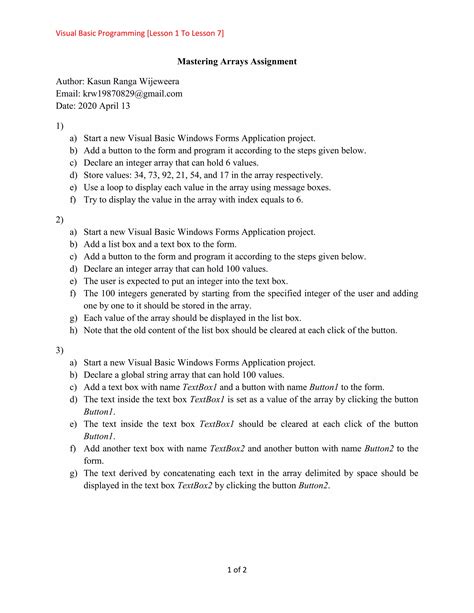 Mastering Arrays Assignment Pdf