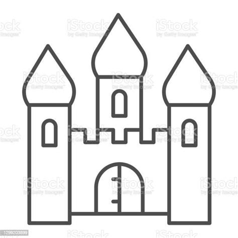 중세 성 얇은 라인 아이콘 동화 개념 흰색 배경에 타워 고대 건물 기호 모바일 개념과 웹 디자인을위한 윤곽 스타일 로얄 성 아이콘 벡터 그래픽 건물 외관에 대한 스톡 벡터