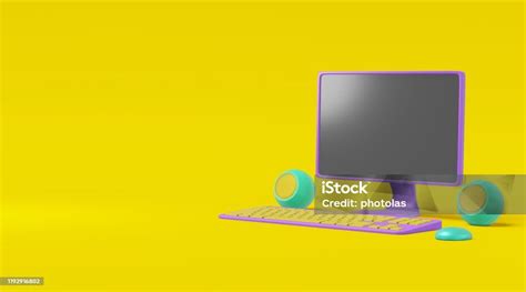 노란색 배경에 컴퓨터 만화 스타일입니다 현실적인 개념 장난감 모니터 스피커 키보드 보라색 녹색 그림 3d 렌더링 0명에 대한 스톡 사진 및 기타 이미지 Istock