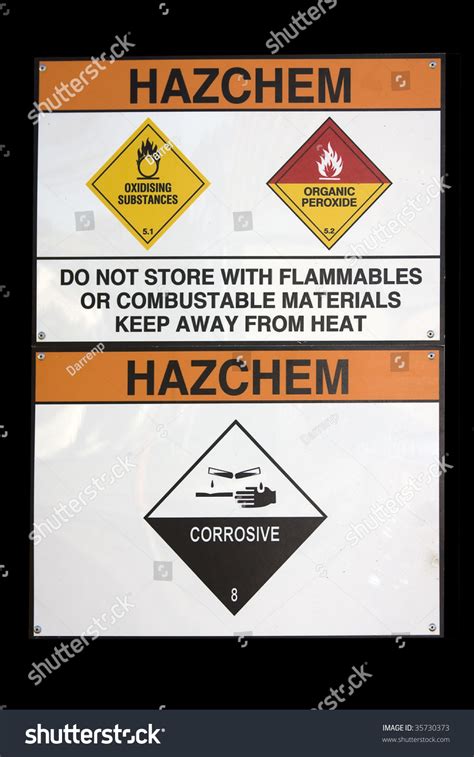 Hazchem Sign For Hazardous Substance Storage Area With Corrosives And Oxidising Agents Stock