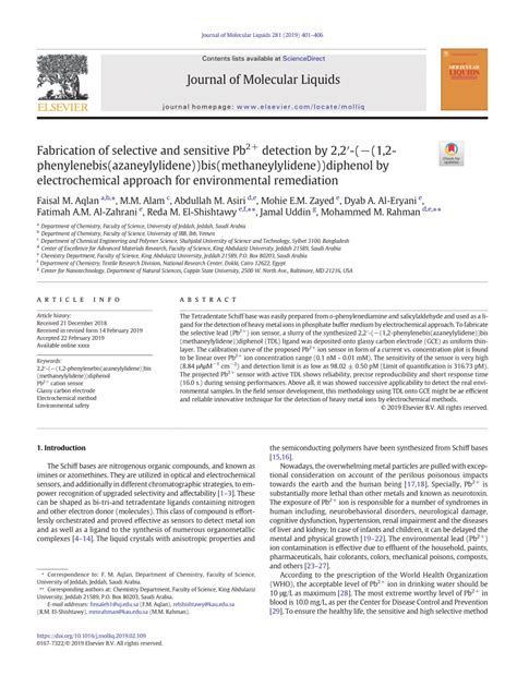 Pdf Fabrication Of Selective And Sensitive Pb2 Detection By 2 2′ − 1 2 Phenylenebis