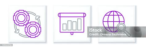 지구본 기어 및 화살표 워크플로 프로세스 개념과 프레젠테이션 재무 보드 그래프 일정 차트 다이어그램 인포그래픽 파이 그래프 아이콘이 있는 선 돋보기를 설정합니다 벡터 개념에