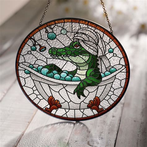 Gator In Bath Tub Glass Suncatcher Hanging Funny Alligator Alligator