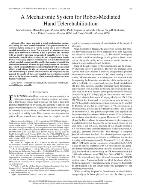Pdf A Mechatronic System For Robot Mediated Hand Telerehabilitation
