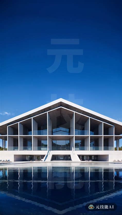 Ai提示词：度假岛上的商务中心是当代建筑设计的杰作，将高科技元素与蓬皮杜风格无缝融合。该建筑以钢为主，结构具有坚固感和现代感，而其古典现实的