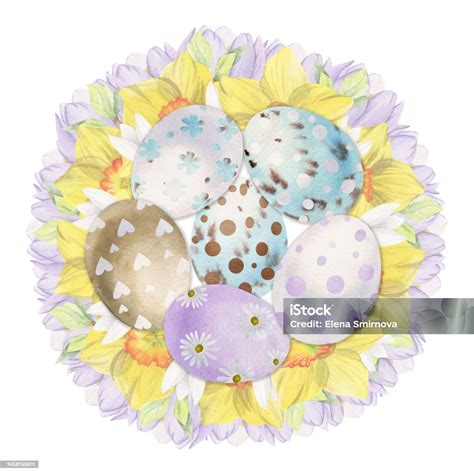 수채화 손으로 그린 부활절 축하 클립 아트 둥지 화환은 계란 나뭇잎 꽃 파스텔 색으로 칠해져 있습니다 흰색 배경에 격리 초대장 선물 인사말 카드 인쇄 섬유 갈란투스에 대한