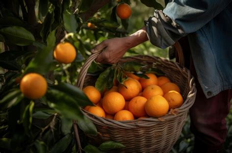 Premium Ai Image Orange Picker With Full Basket Farmland Exotic