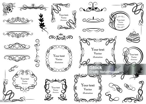 디자인을 위한 벡터 그래픽 요소의 큰 집합입니다 장식용 소용돌이 또는 스크롤 빈티지 프레임 번창 라벨 및 칸막이 복고풍 벡터 일러스트 레이 션 0명에 대한 스톡 벡터 아트