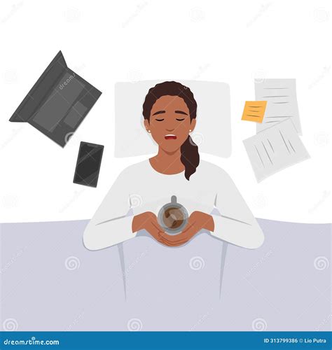 Exhausted Woman Lying In Bed With Coffee Stressed With Work Tired