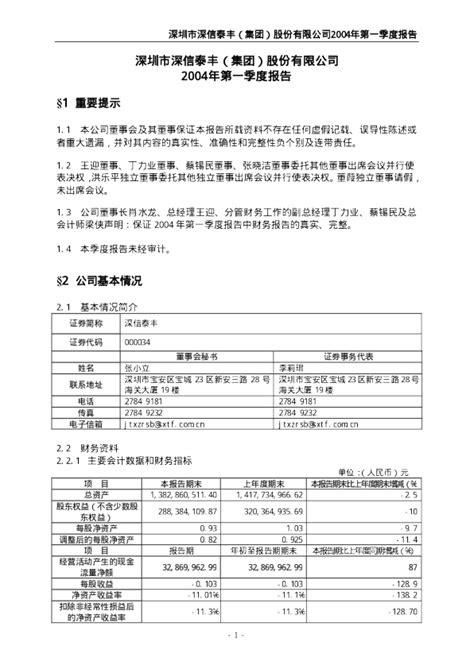 神州数码：深信泰丰2004年第一季度报告