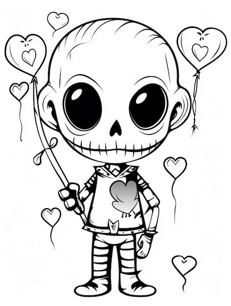 Un esqueleto de dibujos animados con un globo de corazón y un globo en