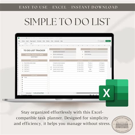 Excel Task Planner Spreadsheet Digital To Do List Daily Task Tracker Simple Task