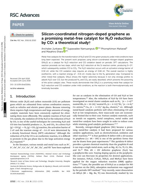 Pdf Silicon Coordinated Nitrogen Doped Graphene As A Promising Metal Free Catalyst For N2o