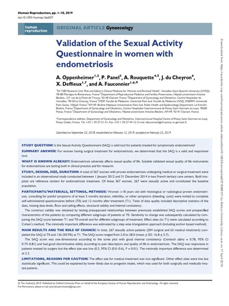 Validation Of The Sexual Activity Questionnaire In Women With Endometriosis Pdf Sexual