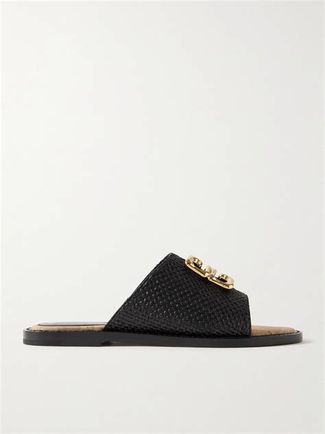 Givenchy 4g Liquid Logo Embellished Raffia Slides In Black Modesens