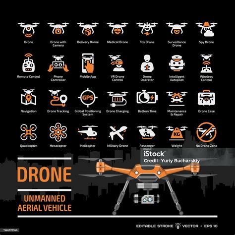 카메라 군사 및 배달 로봇 원격 제어 Gps 네비게이션 문양 표지판 평면 오렌지 Uav 템플릿 및 기호 컬렉션검은 배경에 설정