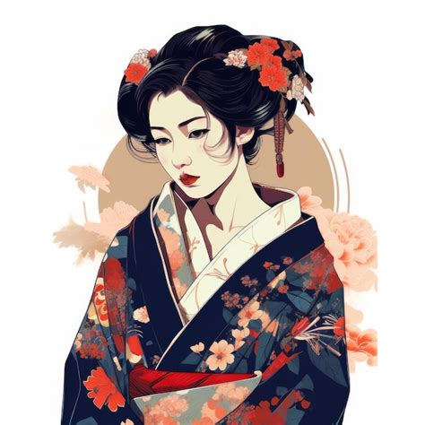 Premium AI Image Japanese Pretty Kimono Girl Flat Illustration Drawn