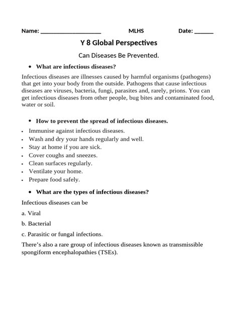 Y 8 Can We Prevent Diseases Global Perspectives Pdf Infection