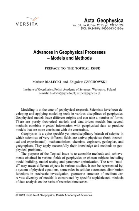 Pdf Advances In Geophysical Processes — Models And Methods