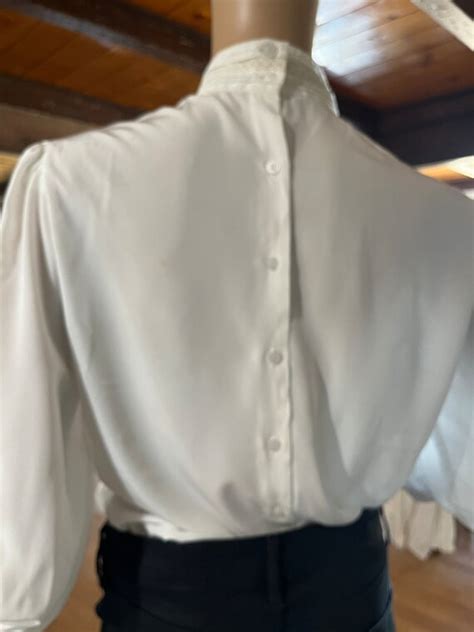 Vintage White Blouse With Sheer Lace Butterfly Detail Gem