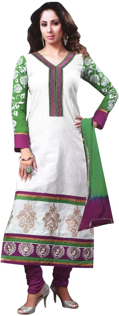 Snow White Long Chudidar Kameez Suit With Embroidered Patch And Printed