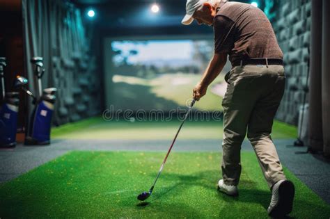 A Golfer Prepares A Shot In A Virtual Indoor Golf Setup With A Vivid Green Background Stock