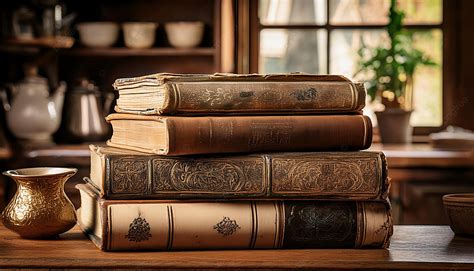 A Stack Of Antique Books With Ornate Covers Sits On A Wooden Table