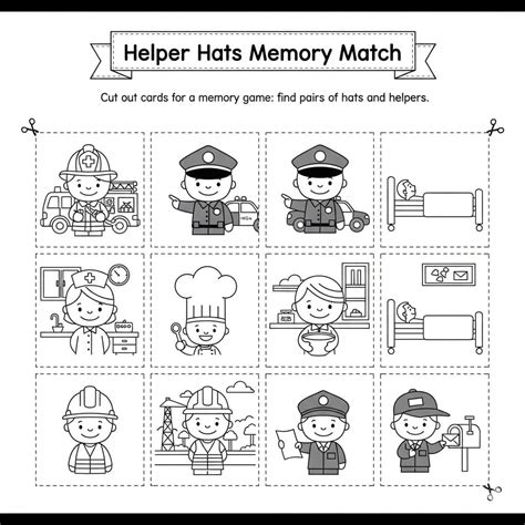 Helper Hats Memory Match Worksheet Download And Print Now
