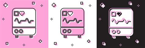 분홍색과 흰색 검은 색 배경에 격리 된 심장 화면 아이콘컴퓨터 모니터를 설정합니다 모니터링 아이콘입니다 심전도 모니터와 심장