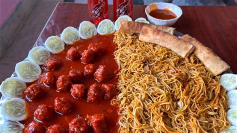 Chowmien Noodles With Spicy🌶️ Manchurian Spring Roll Eating Youtube