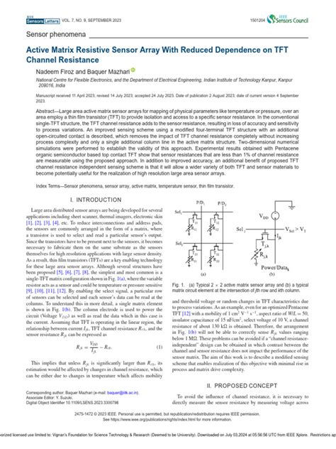Activematrixresistivesensorarraywithreduceddependenceontft