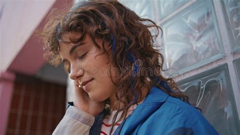 Calm Girl Enjoying Melody In Headphones At Street Closeup Woman