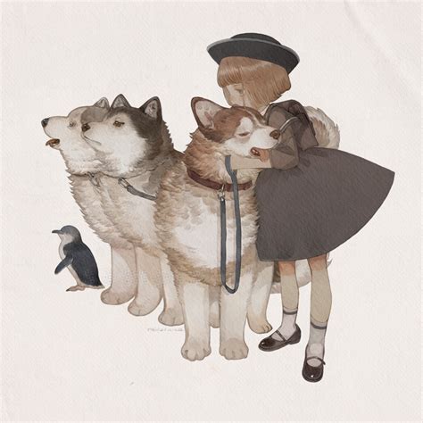 Nekosuke Oxo Original 1girl Alaskan Malamute Bird Black Hat Black Shoes Brown Dress